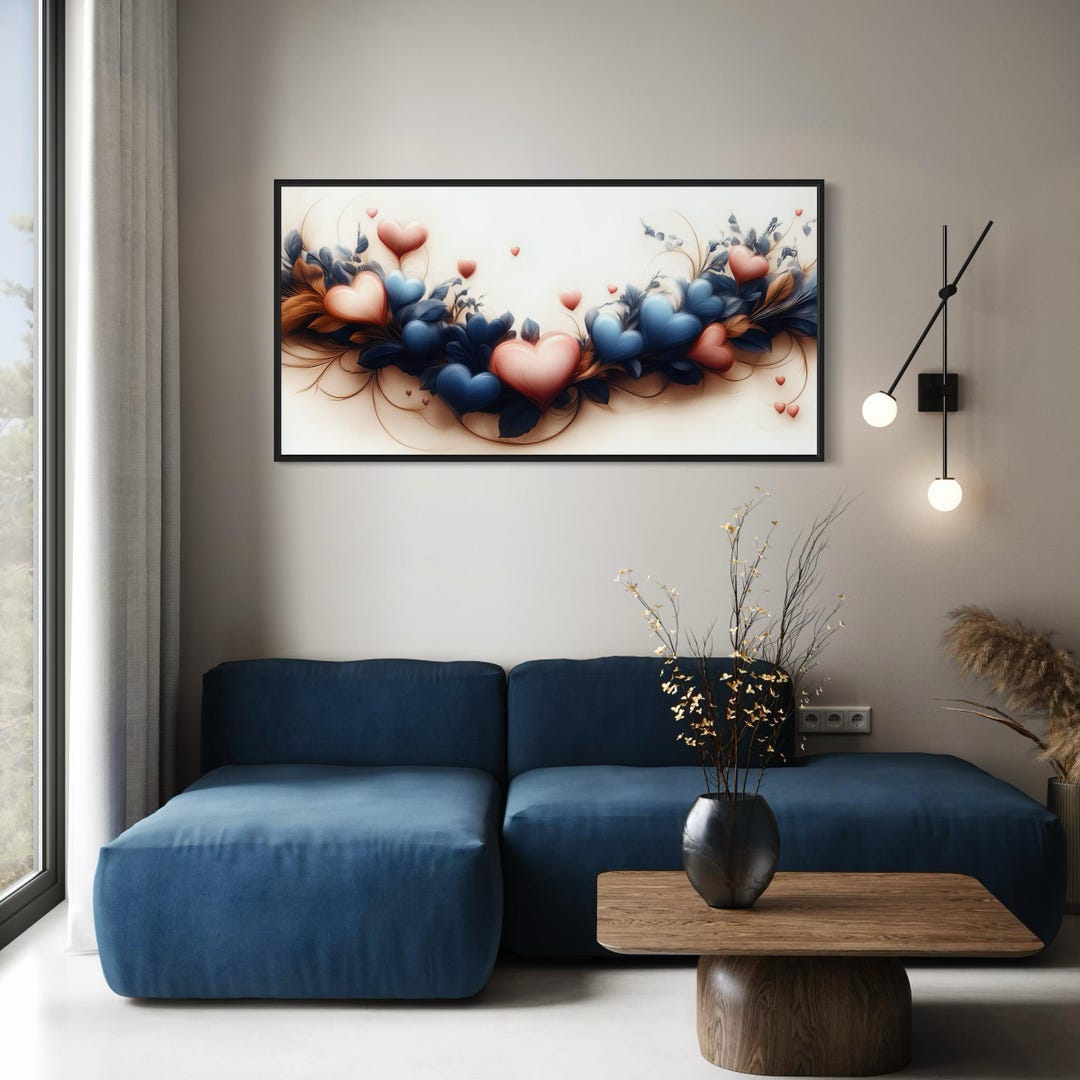 Romantic Floral Heart Banner Wall Art Canvas Blue and Pink Hearts Love ...