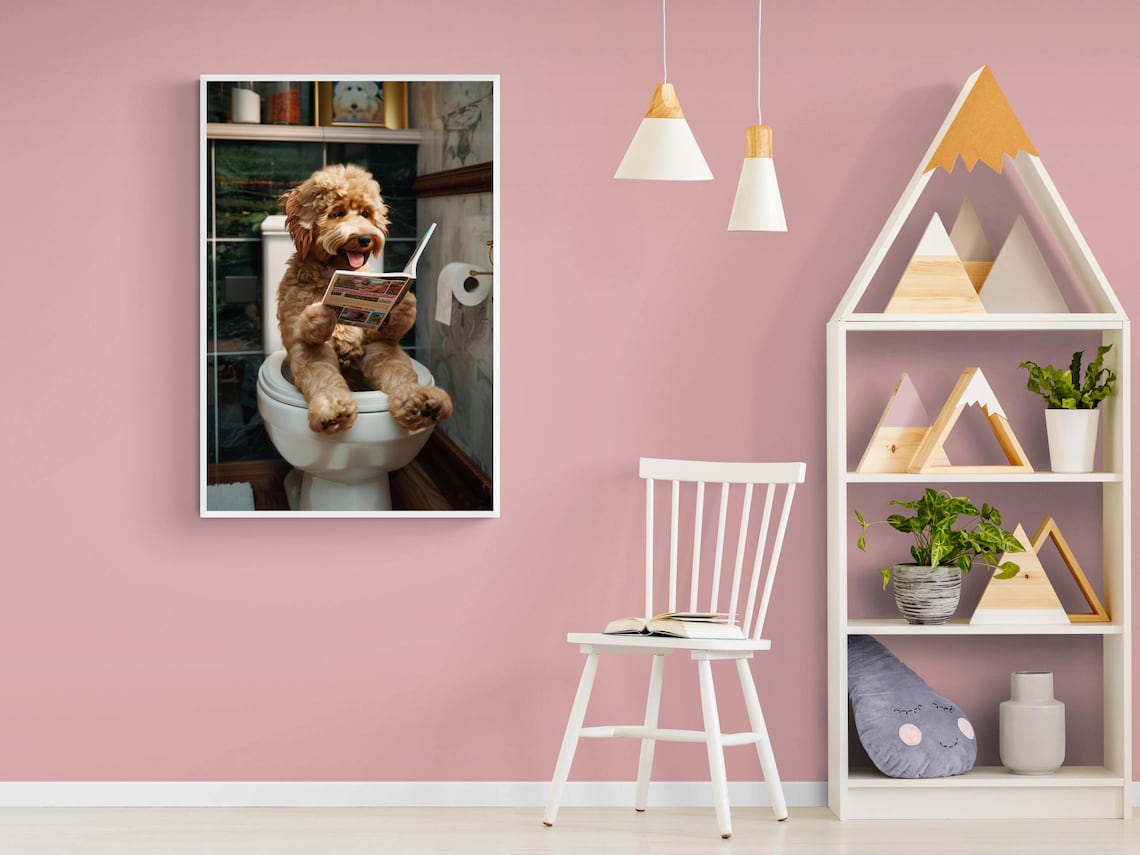 Cockapoo Reading on a Toilet Art Canvas, Dog Sitting on Toilet Wall Art ...