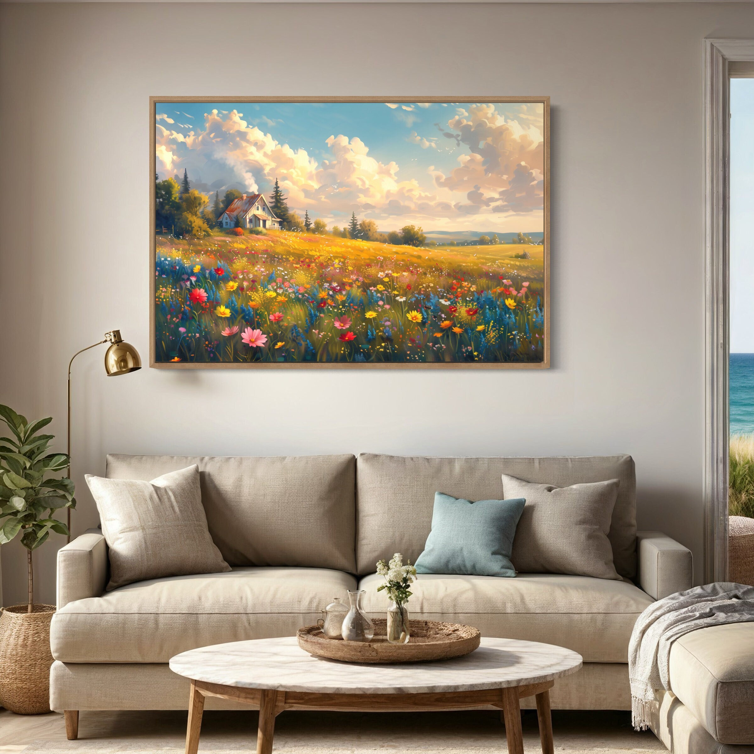 Vintage Rustic Farmhouse Country House Wildflower Field Landscape Oil ...