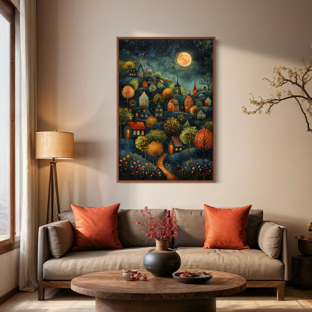 Colorful Whimsical Moonlit Town Hilltop Houses Enchanted Night Village ...