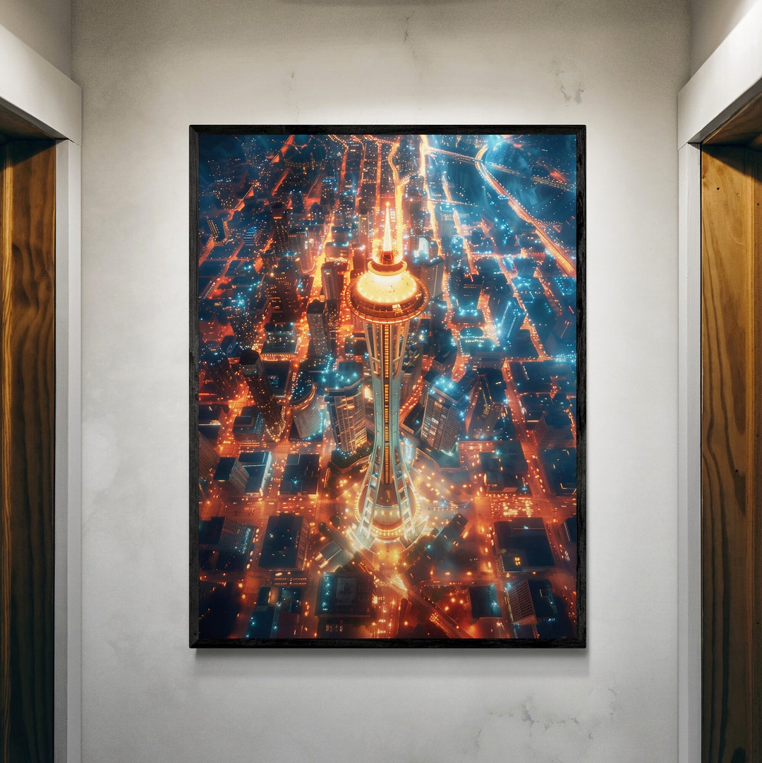 Seattle Space Needle Skyline Famous Landmark Wall Art Canvas Aerial ...