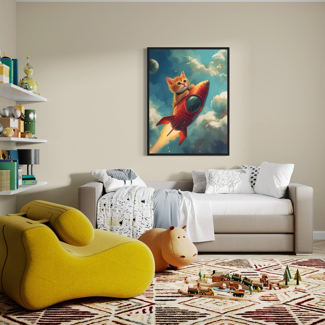 Cat Launching on a Rocket Wall Art Canvas Small Kitten Illustration ...
