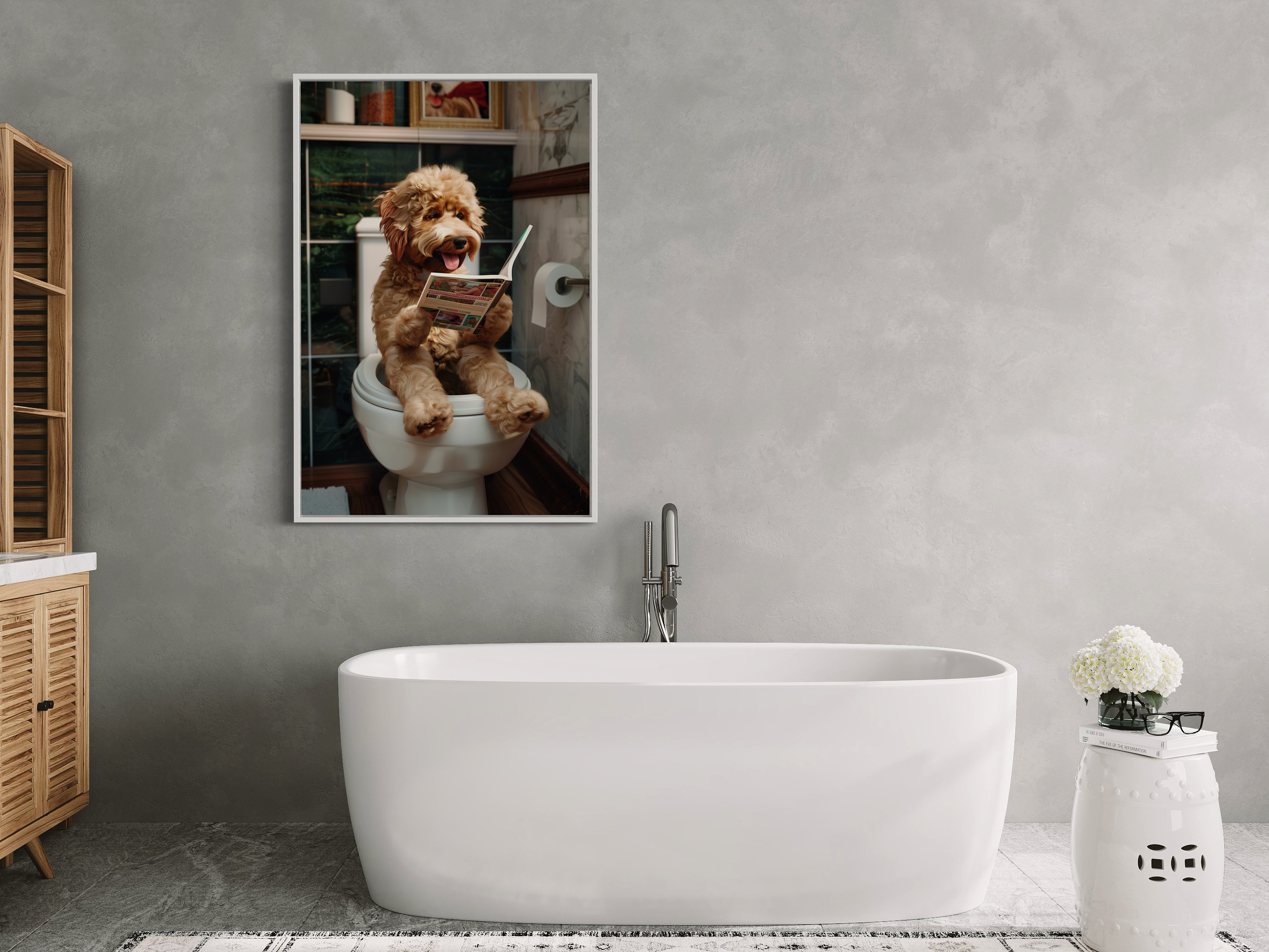 Cockapoo Reading on a Toilet Art Canvas, Dog Sitting on Toilet Wall Art ...