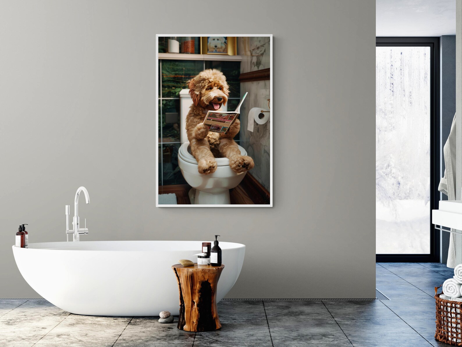 Cockapoo Reading on a Toilet Art Canvas, Dog Sitting on Toilet Wall Art ...