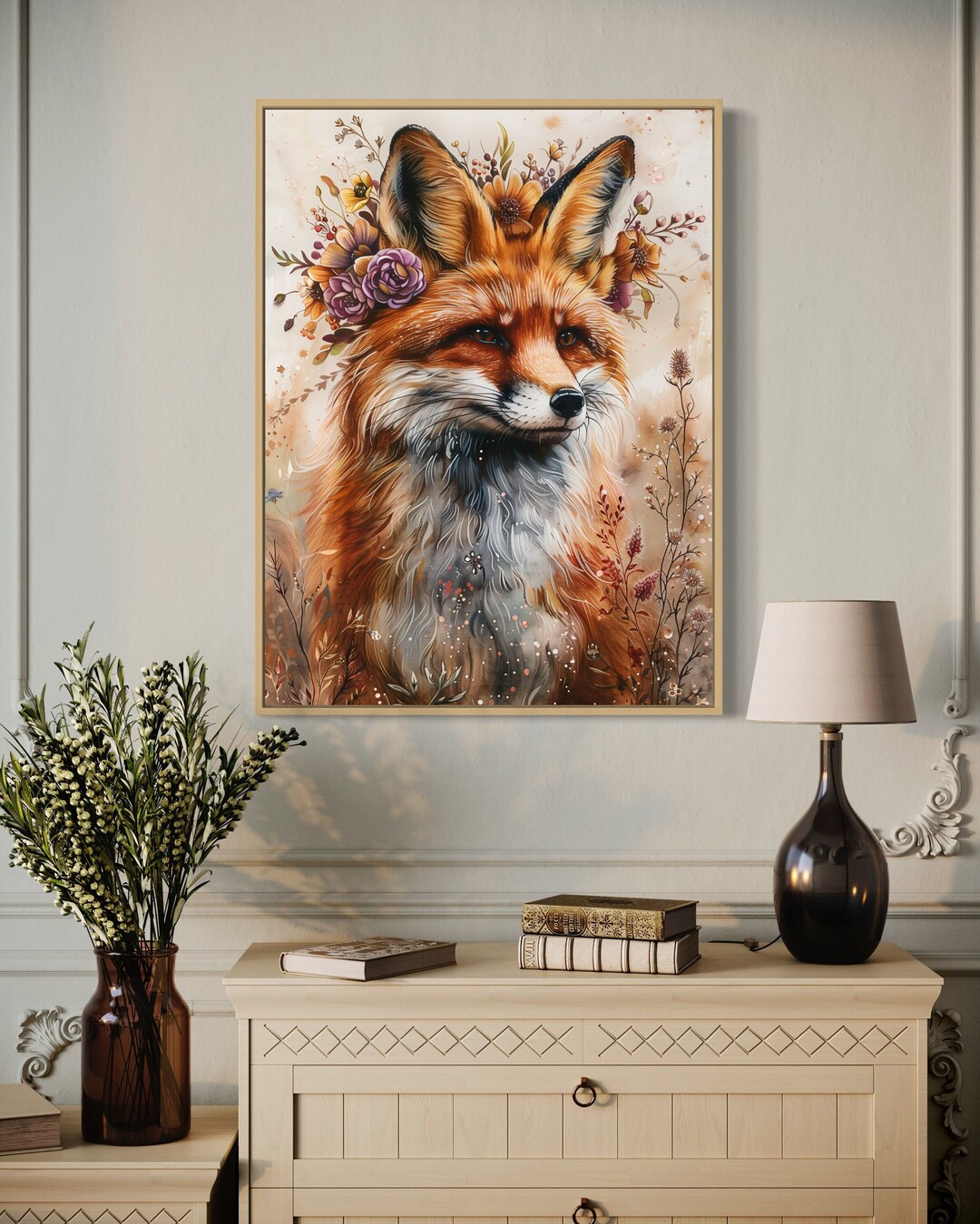 Rustic Red Fox W/ Floral Flower Crown Watercolor Illustration Painting ...