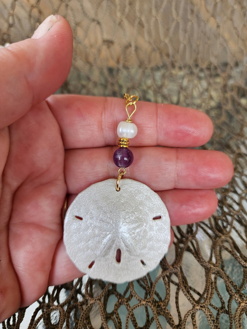 Handmade Sand Dollar Necklace: Amethyst & Pearl Boho Beach Jewelry - Etsy