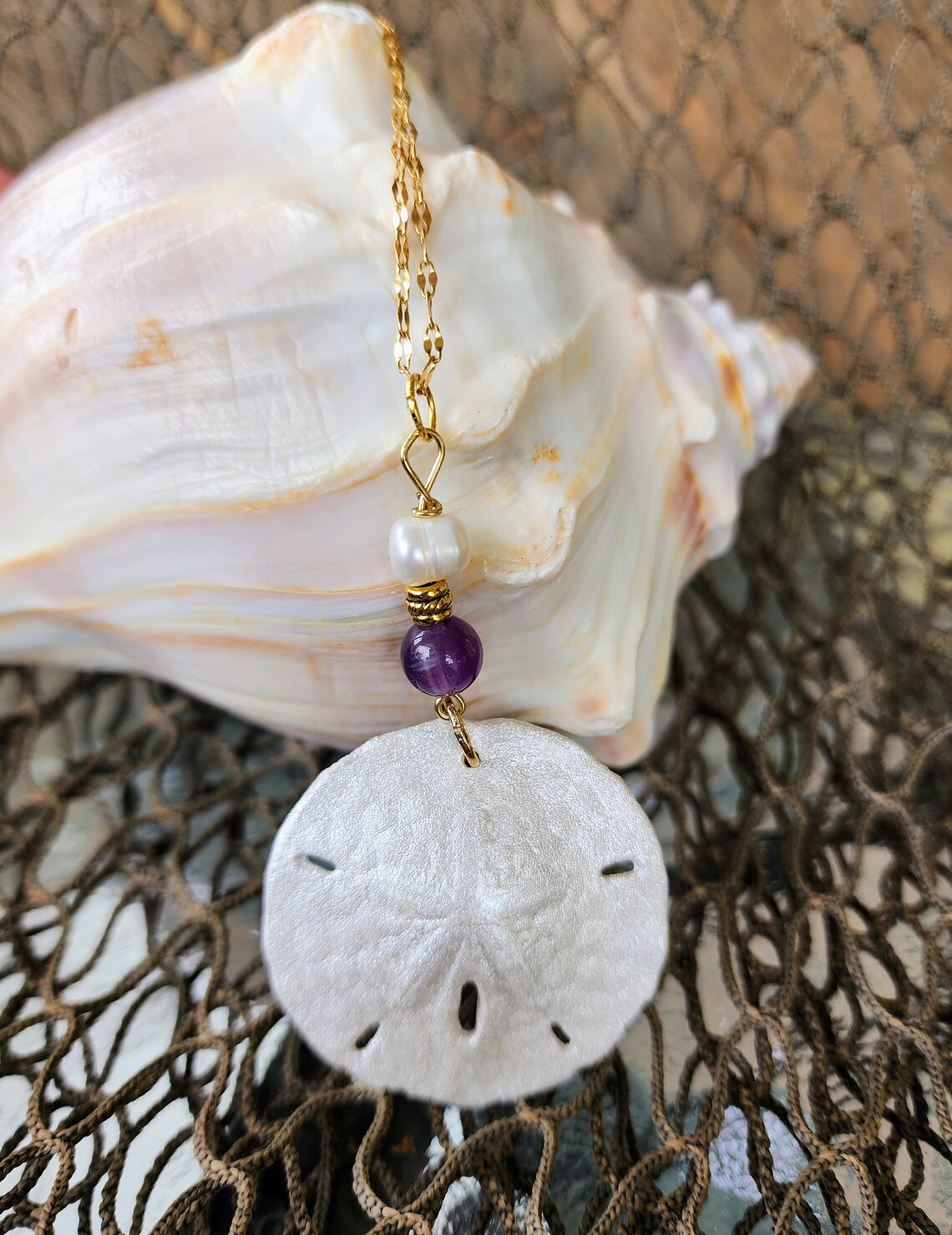 Handmade Sand Dollar Necklace: Amethyst & Pearl Boho Beach Jewelry - Etsy