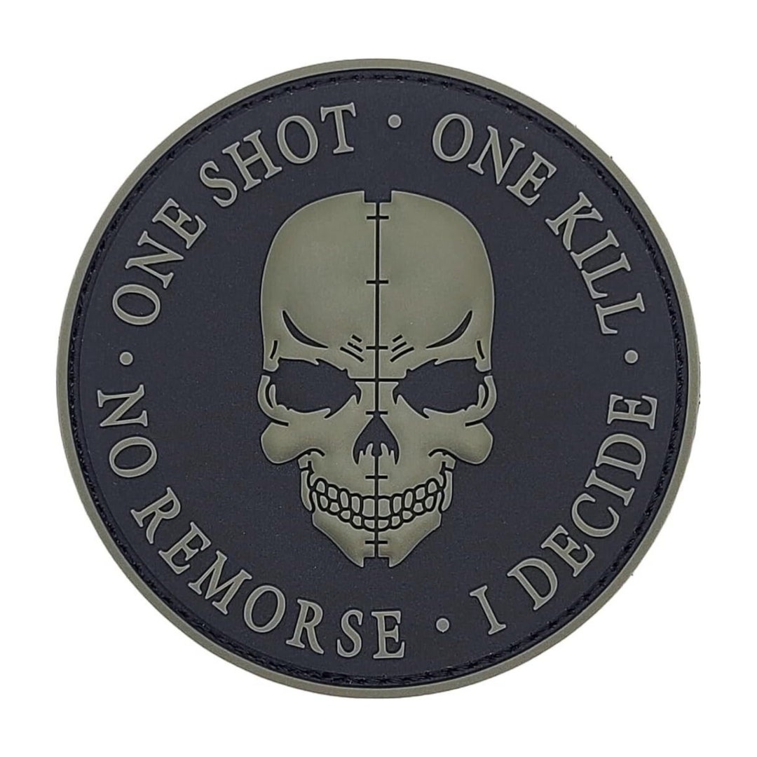 One Shot One Kill No Remorse Sniper Morale 3D PVC Rubber Patch - 3 X 3 Inch Hook Fastener ...