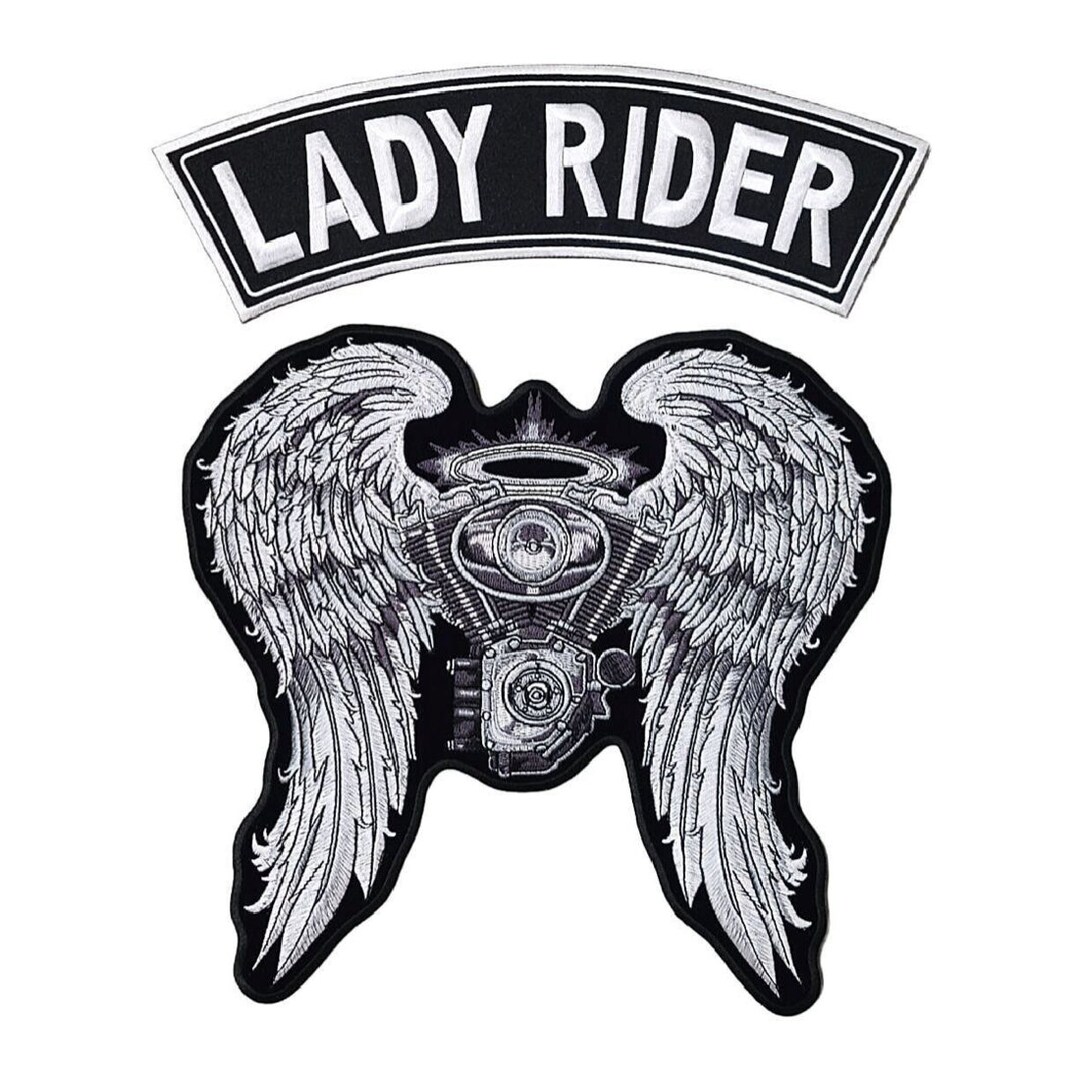 Lady Rider Halo Angel Wings Jacket Vest Back Patch - 2pc Set Iron on or ...