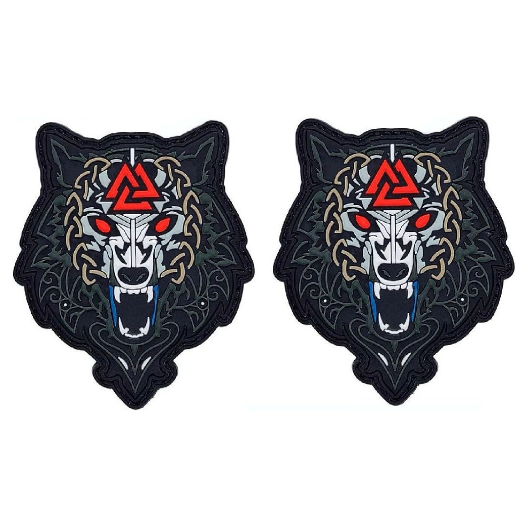 Viking Wolf of Odin Valhalla Valknut 3D-PVC Rubber Patch 2pc 2.5 X 3 Inch Hook Fastener Backing ...