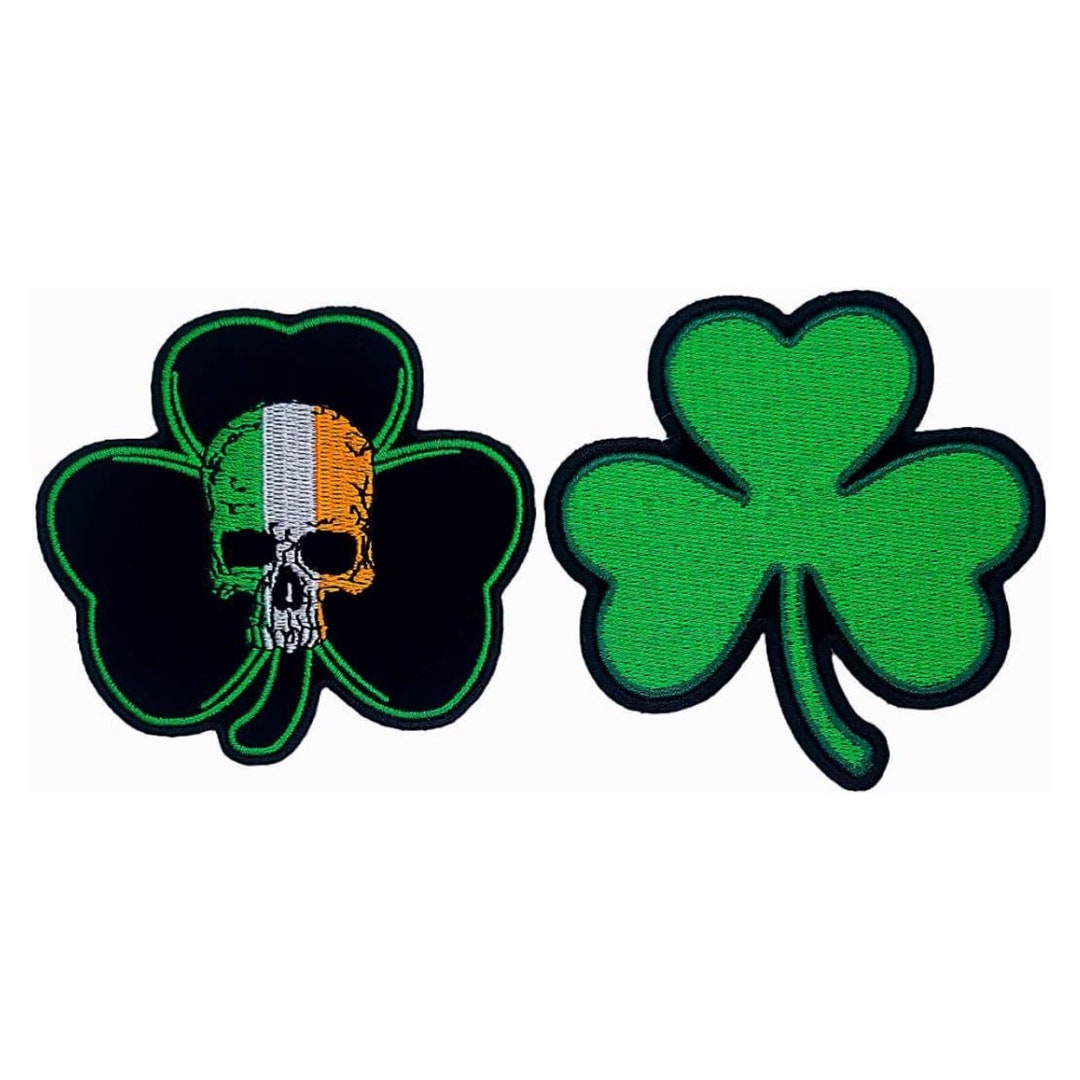 Irish Shamrock Skull Clover & Green Clover Embroidered Patch - 2pc Iron ...
