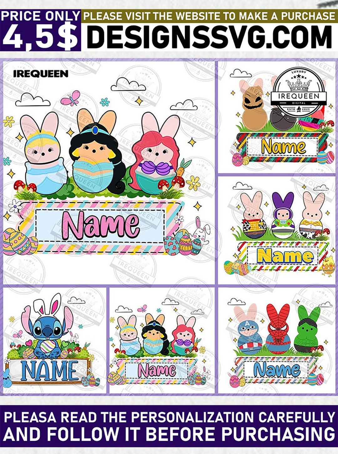 5 CUSTOM Cartoon Easter Bunny Png Bundle, Kids Name Peeps Easter Day ...