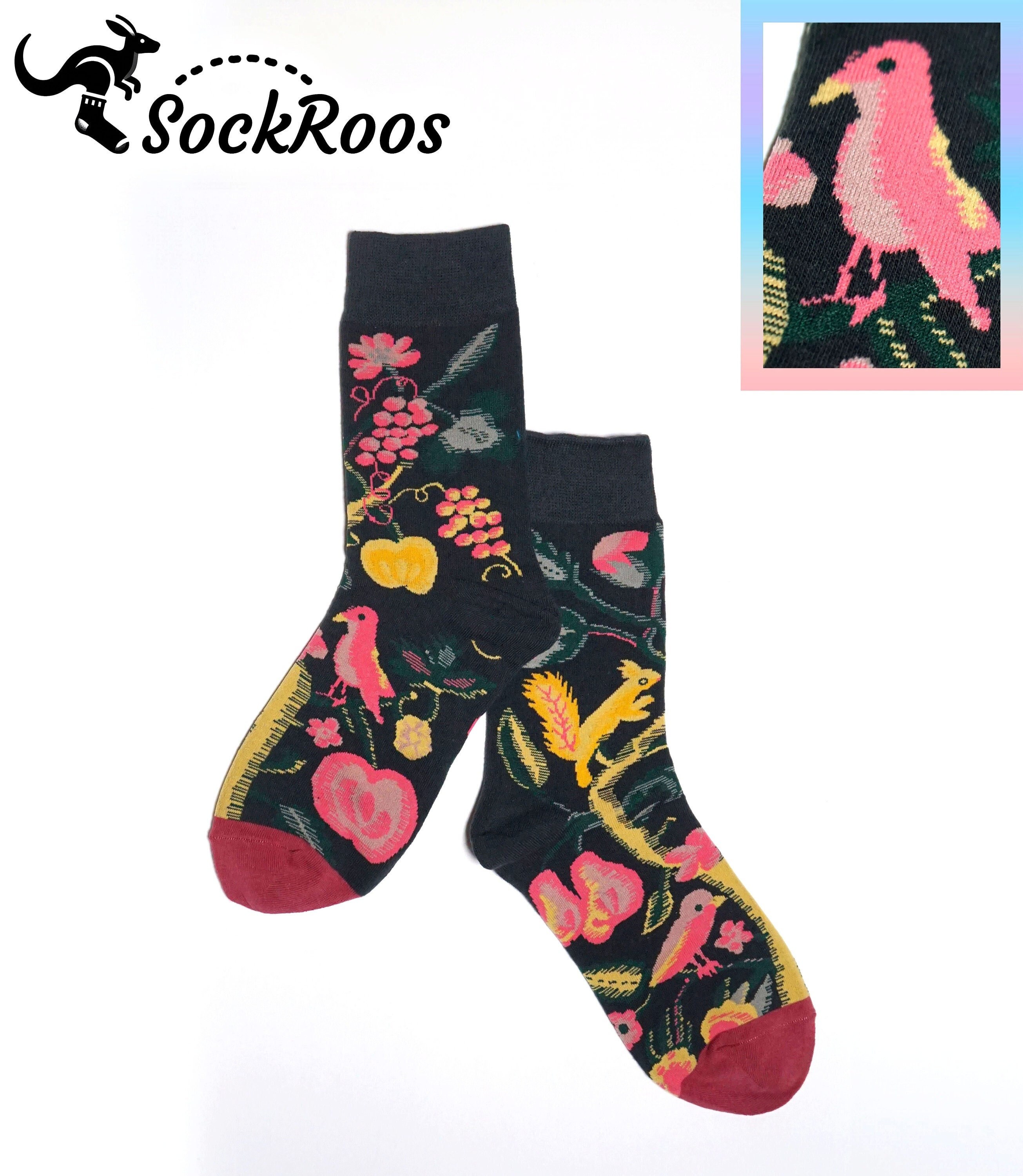 Sockroos Enchanted Garden Birds on Midnight Black, Floral and Fauna ...