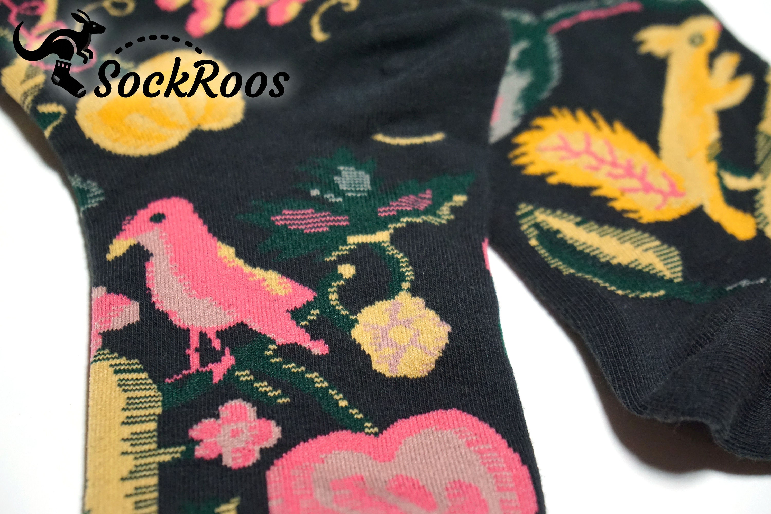 Sockroos Enchanted Garden Birds on Midnight Black, Floral and Fauna ...