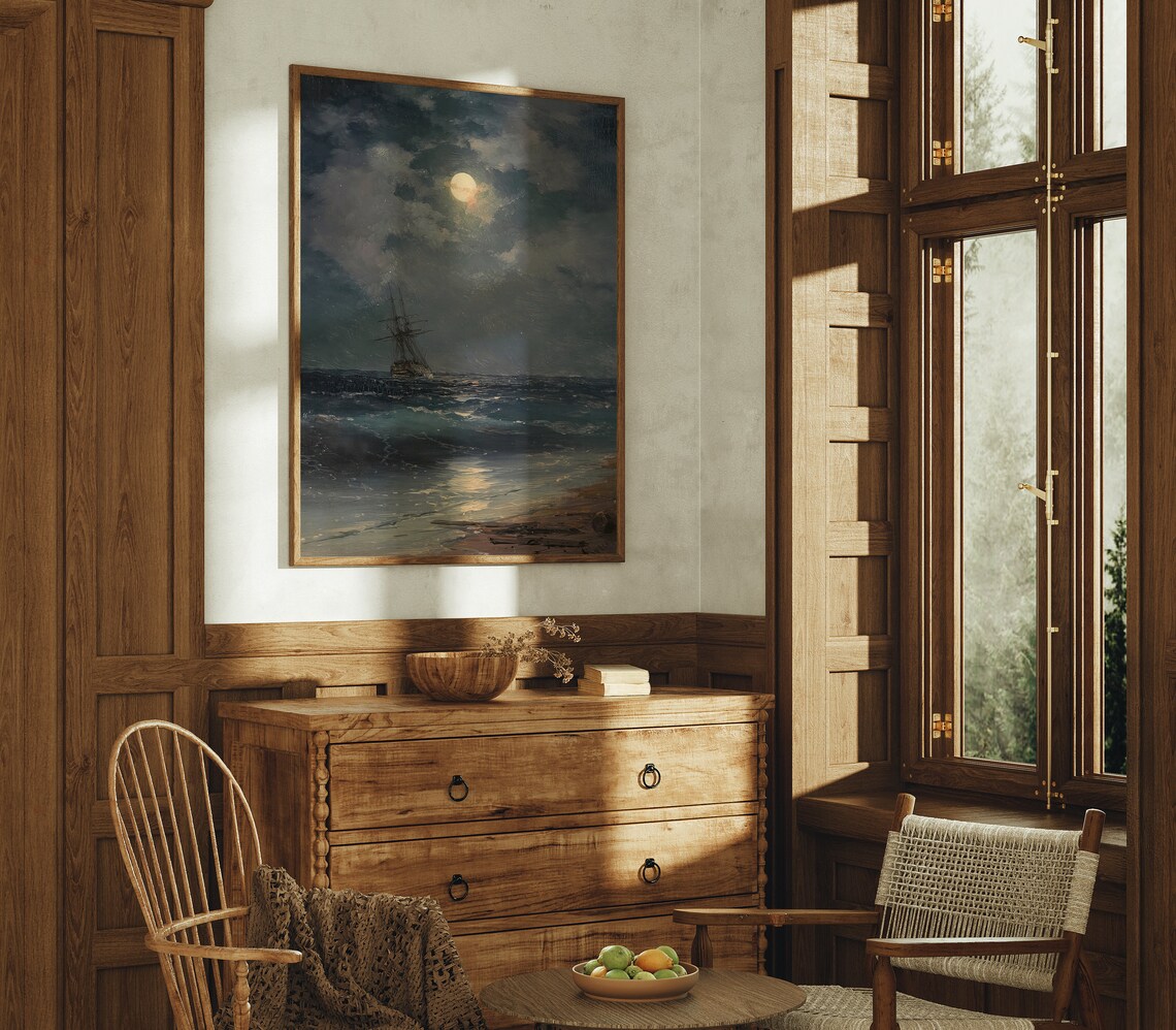 Ship on Sea AT Night Art Print Full Moon Vintage Painting Beach and ...