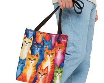 Cats Canvas Tote Bag, Colorful All Over Print Shoulder Bag, Cat Lovers ...