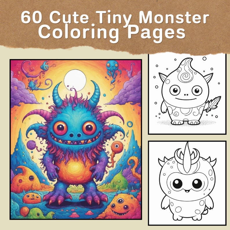 60 Cute Tiny Monster Coloring Pages Printable Grayscale PDF, Adult ...