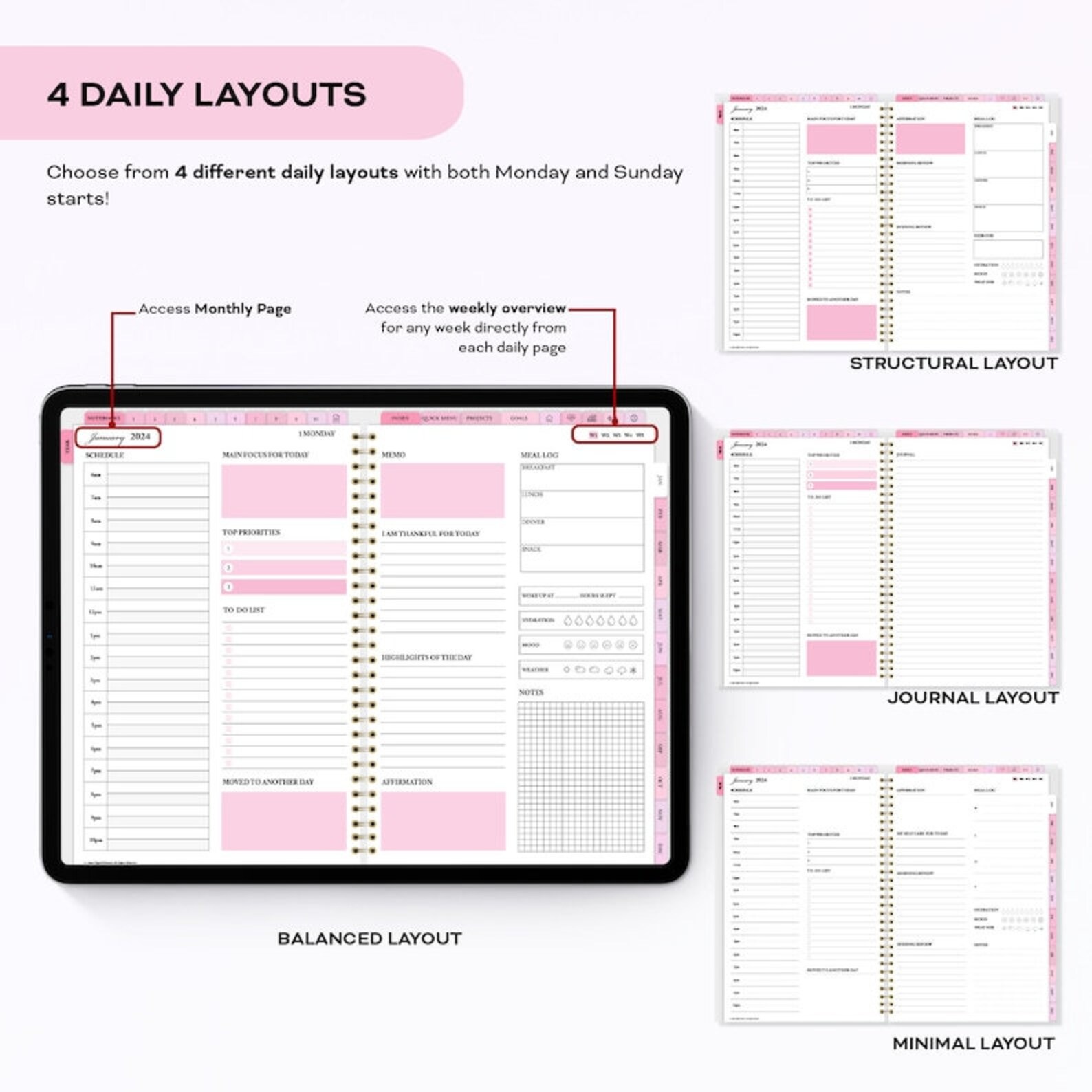 2024 Digital Planner, Pink Digital Dated Planner/ Journal, Good Notes ...
