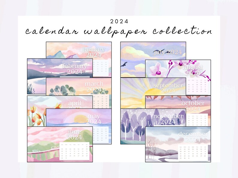 2024 Wallpaper Calendar Desktop Wallpaper Bundle Watercolor Art Soft