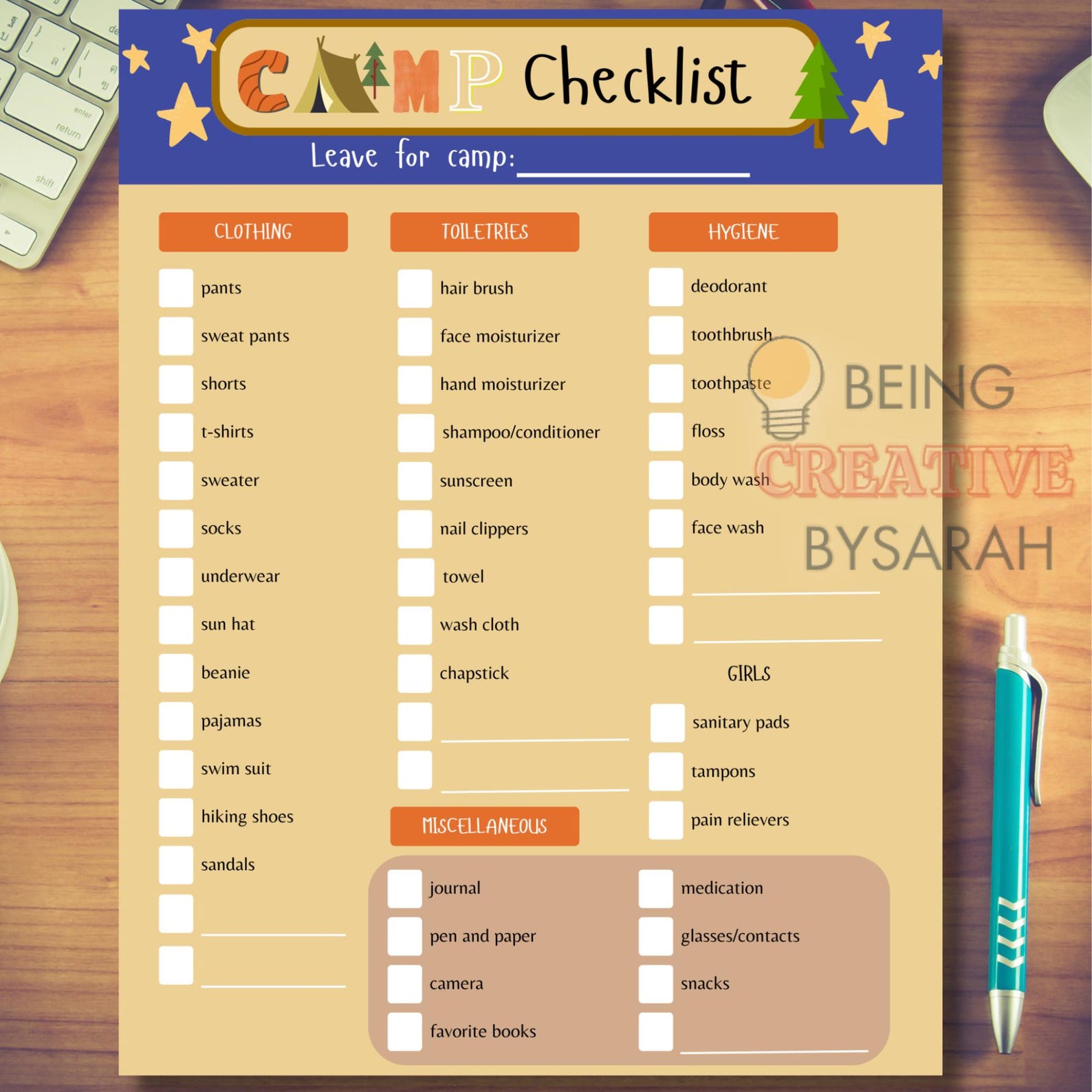 Kids Camp Checklist, Summer Camp, Printable Camp Checklist, Kids Camp ...