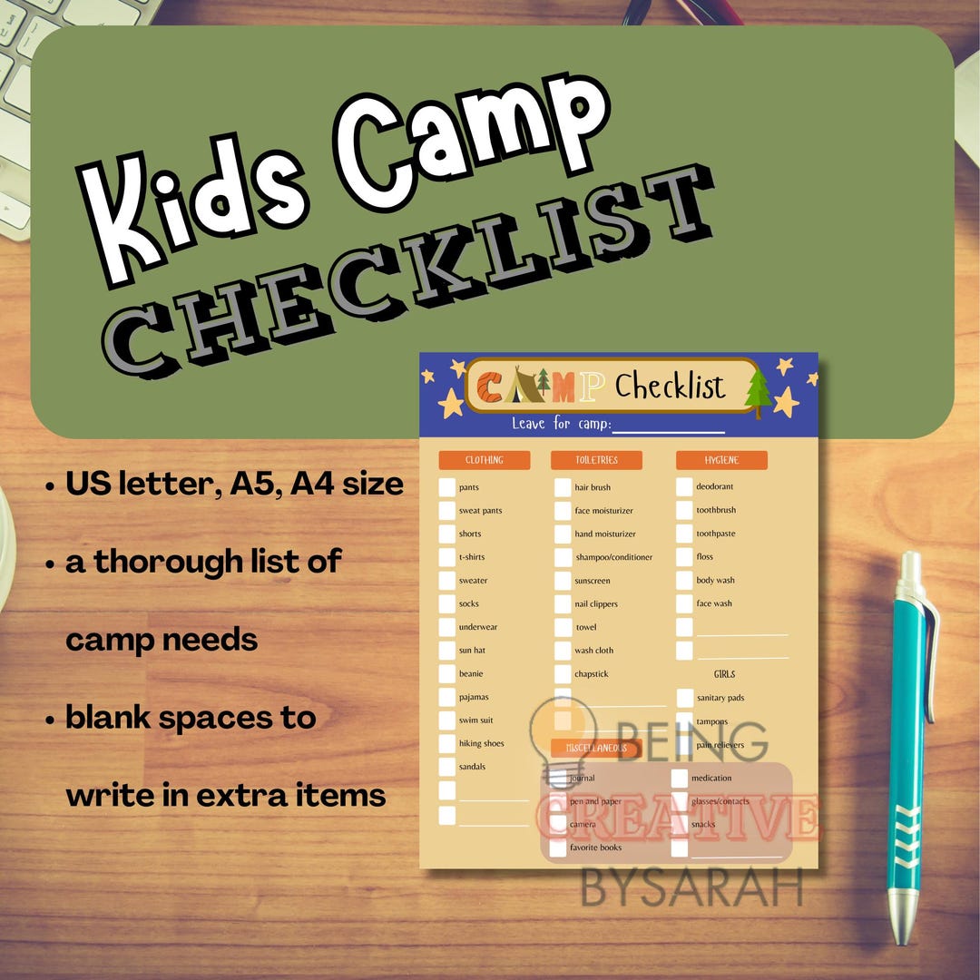 Kids Camp Checklist, Summer Camp, Printable Camp Checklist, Kids Camp ...