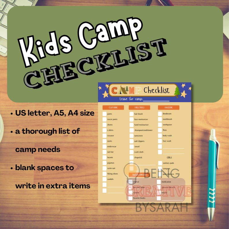 Kids Camp Checklist, Summer Camp, Printable Camp Checklist, Kids Camp ...