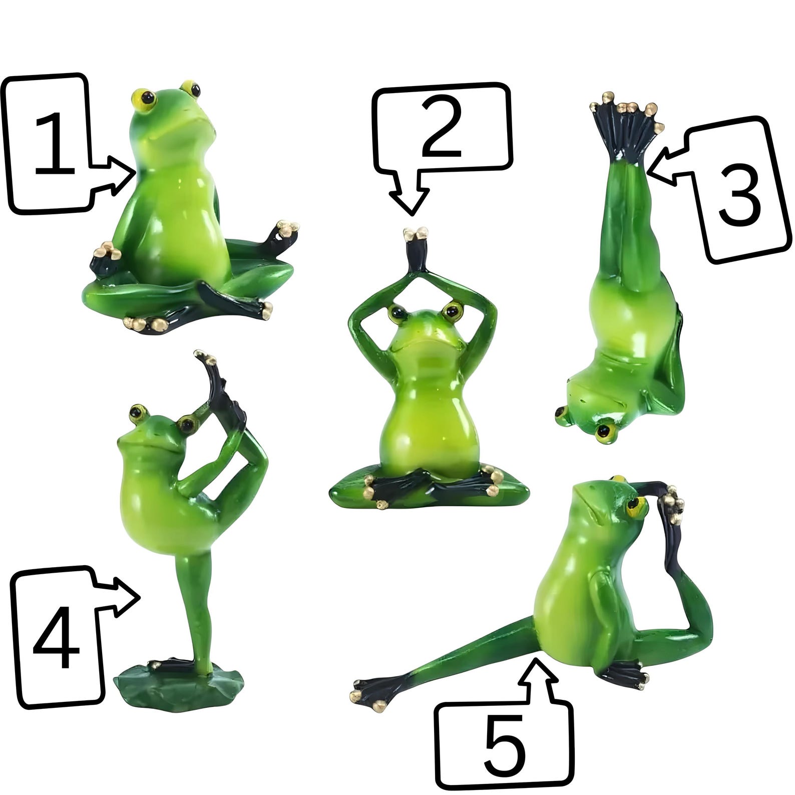 Bright Green Yogi Frog Figurines I Sculptures of Cute Frogs Exercising ...