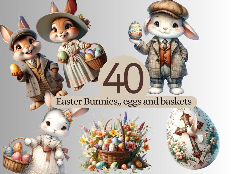 Cute Rabbit Clipart Bundle, Bunnies Clipart, Vintage Easter Bunny ...