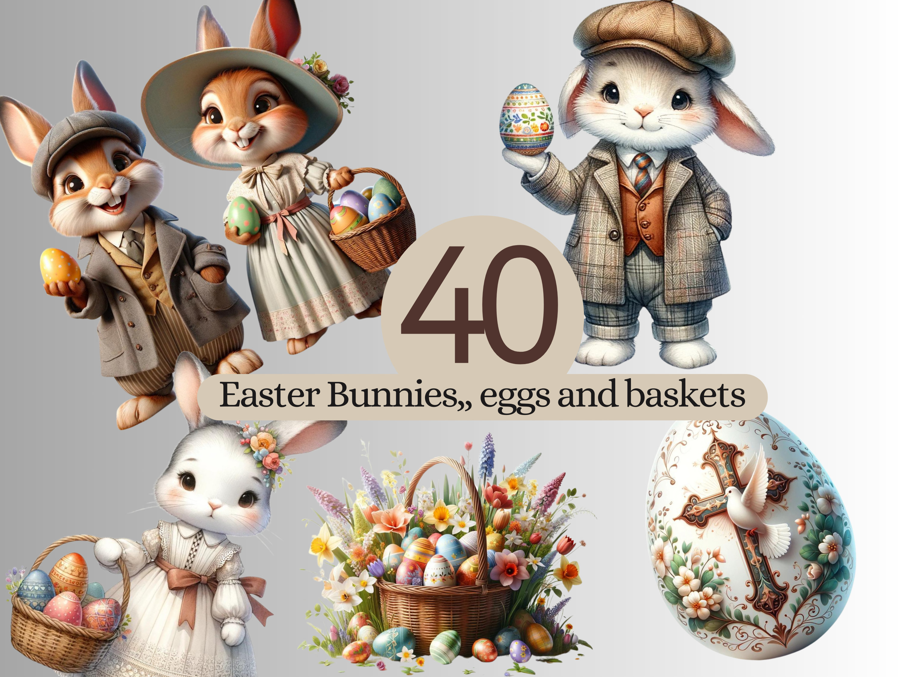 Cute Rabbit Clipart Bundle, Bunnies Clipart, Vintage Easter Bunny ...