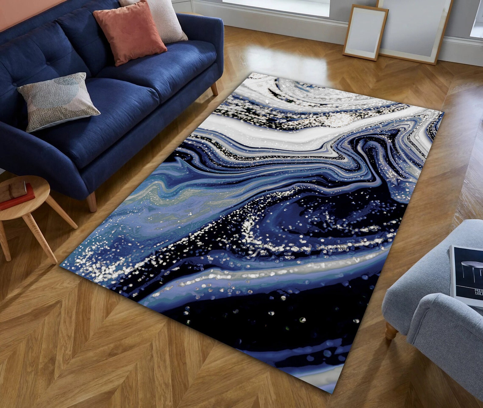 Dark Blue Marble Rug, Rugs for Living Room,washable Rug, Digital Print ...