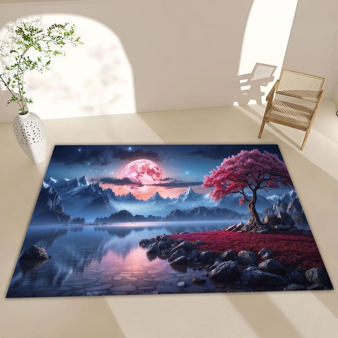 Japanese Cherry Blossoms Rug, Mountain Landscape Rug, Living Room Rug ...