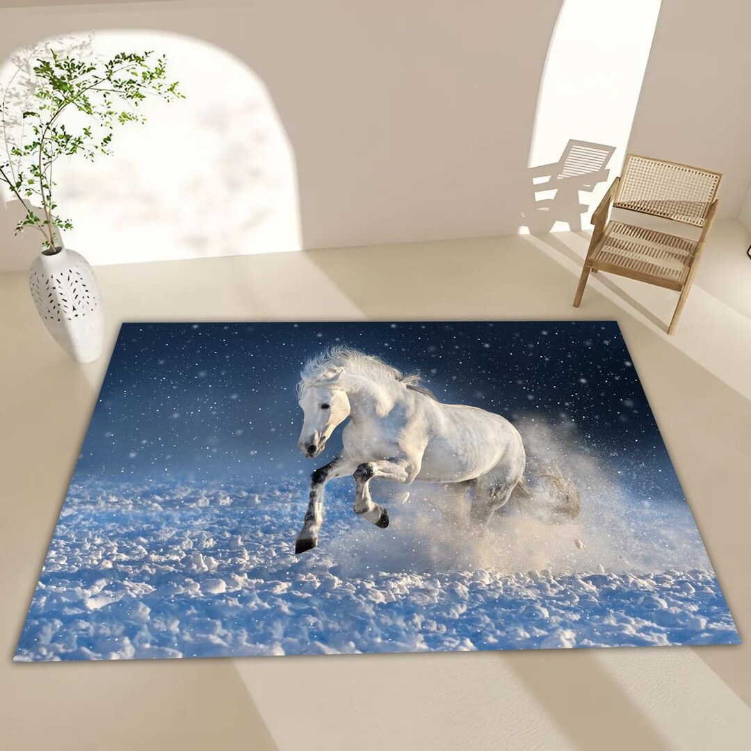 Horse Patterned Rug, Animal Rug, Horse Rug, Animal Printed Rug, White ...