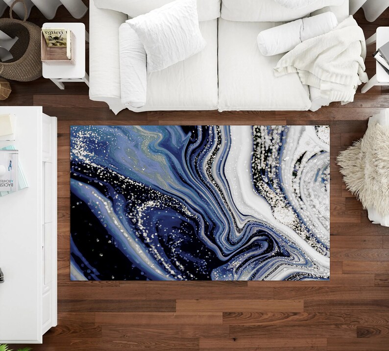 Dark Blue Marble Rug, Rugs for Living Room,washable Rug, Digital Print ...