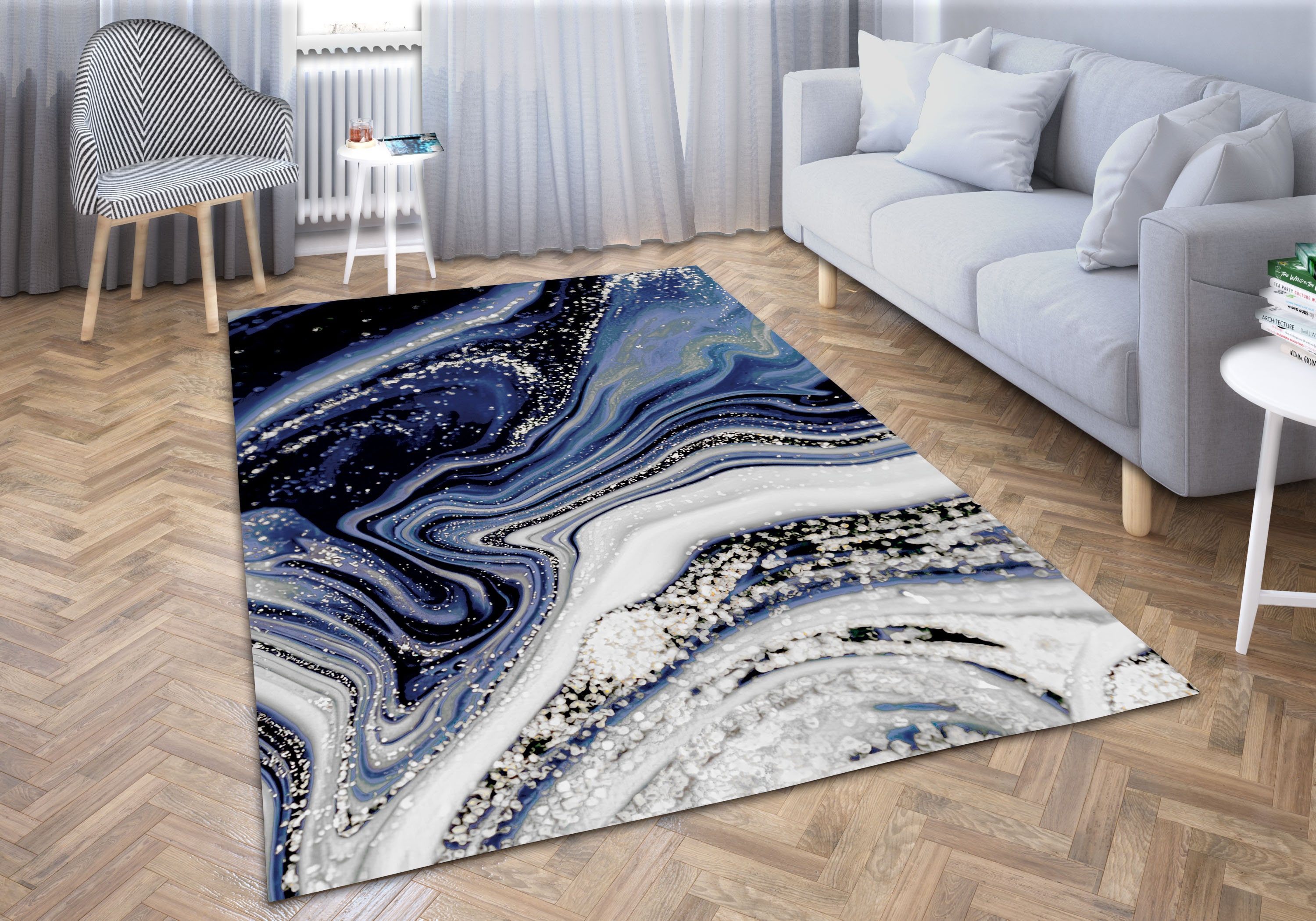 Dark Blue Marble Rug, Rugs for Living Room,washable Rug, Digital Print ...