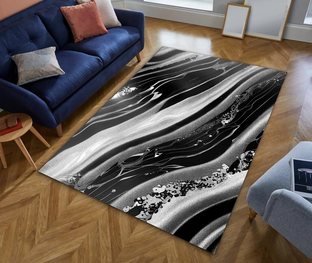 Dark Silver Marble Rug, Gold Rugs,grey Silver Marble Pattern Rug ...