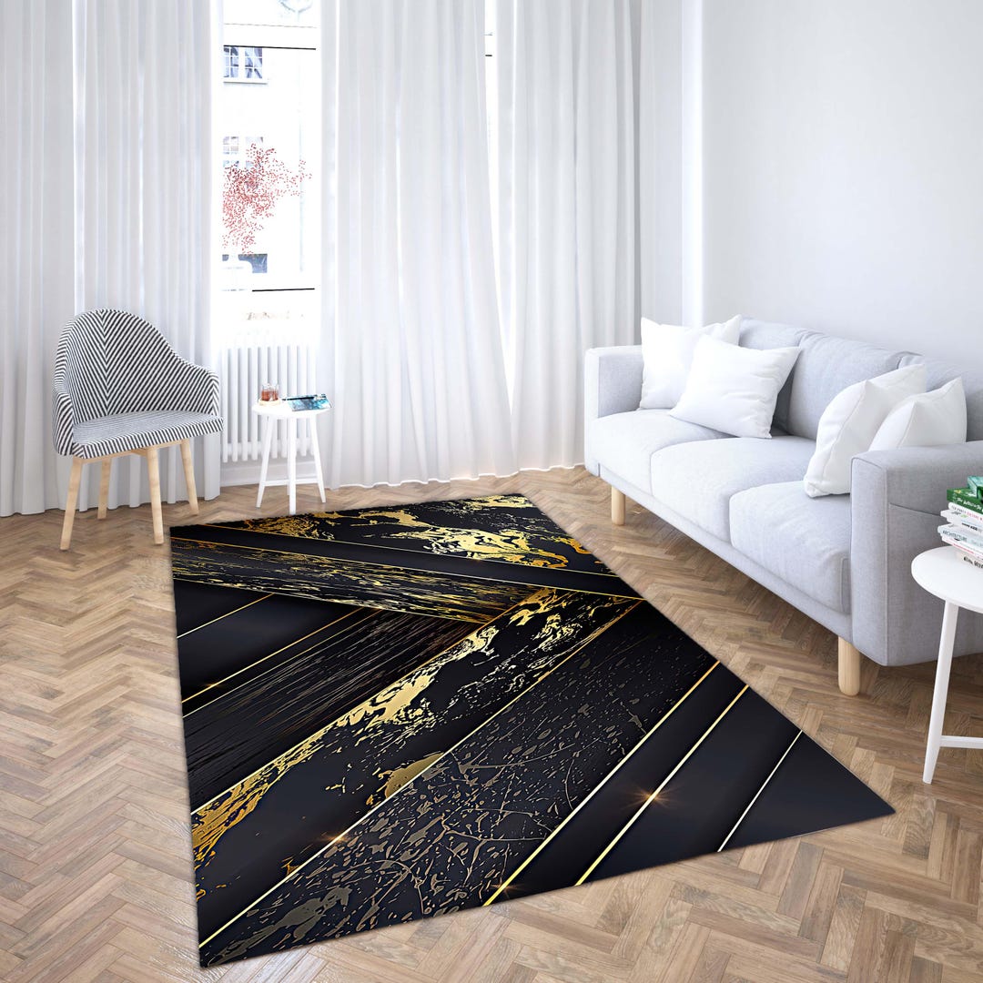 Marble Effect Rug, Black and Gold Marble Rug, Decorative Rug Marble ...
