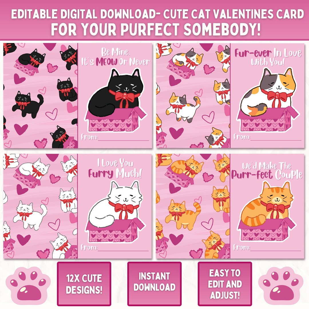 Editable Cat Illustration Valentine's Day Cards, Funny Valentine Card ...