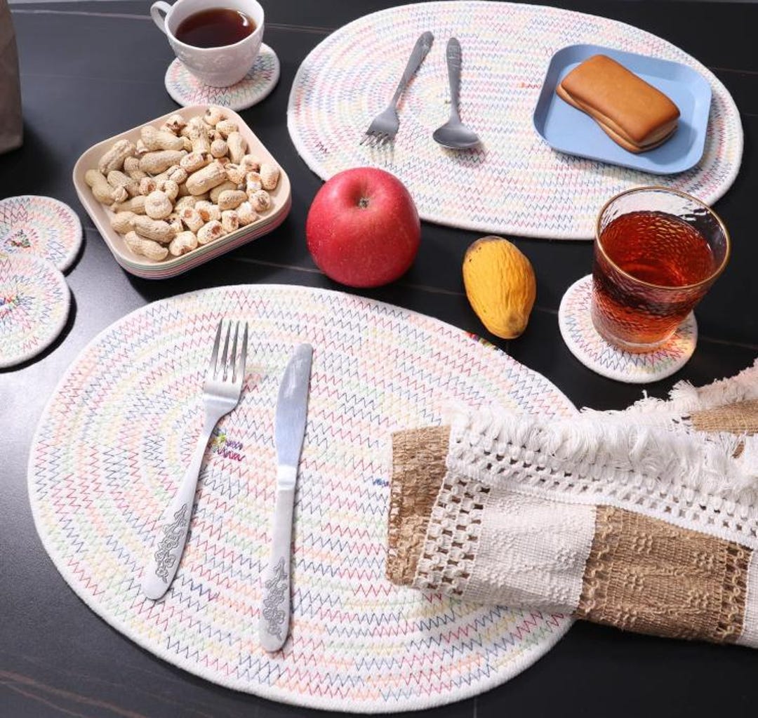 Oval Woven Placemats, Cotton Plate Chargers With 4 Pack Round Coasters ...