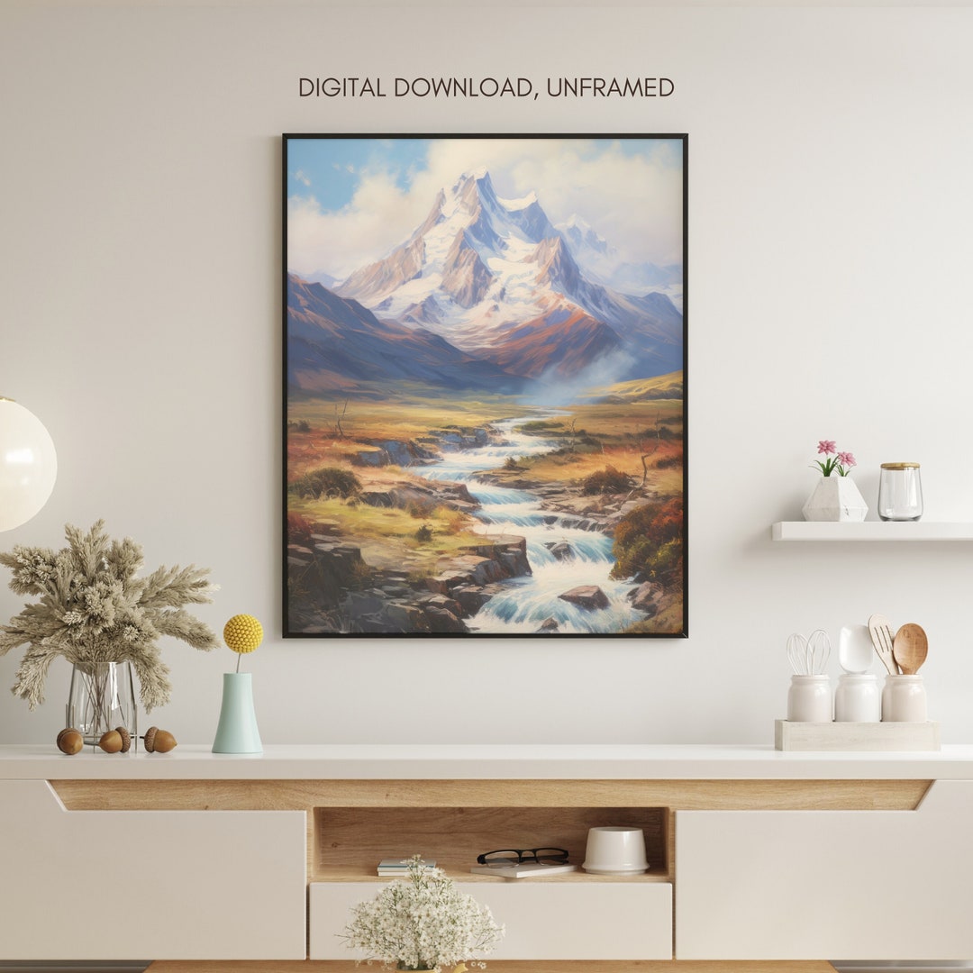 Printable Mountain Range Wall Art, Oil Painting, Vintage Landscape ...