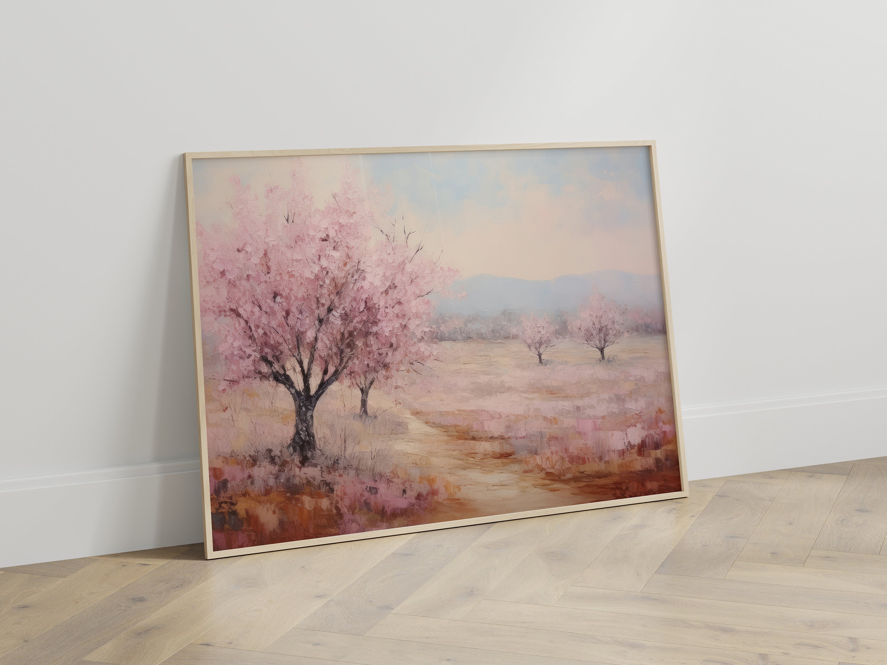 Printable Pink Tree Field, Vintage Lanscape Wall Art, Autumn Pink ...