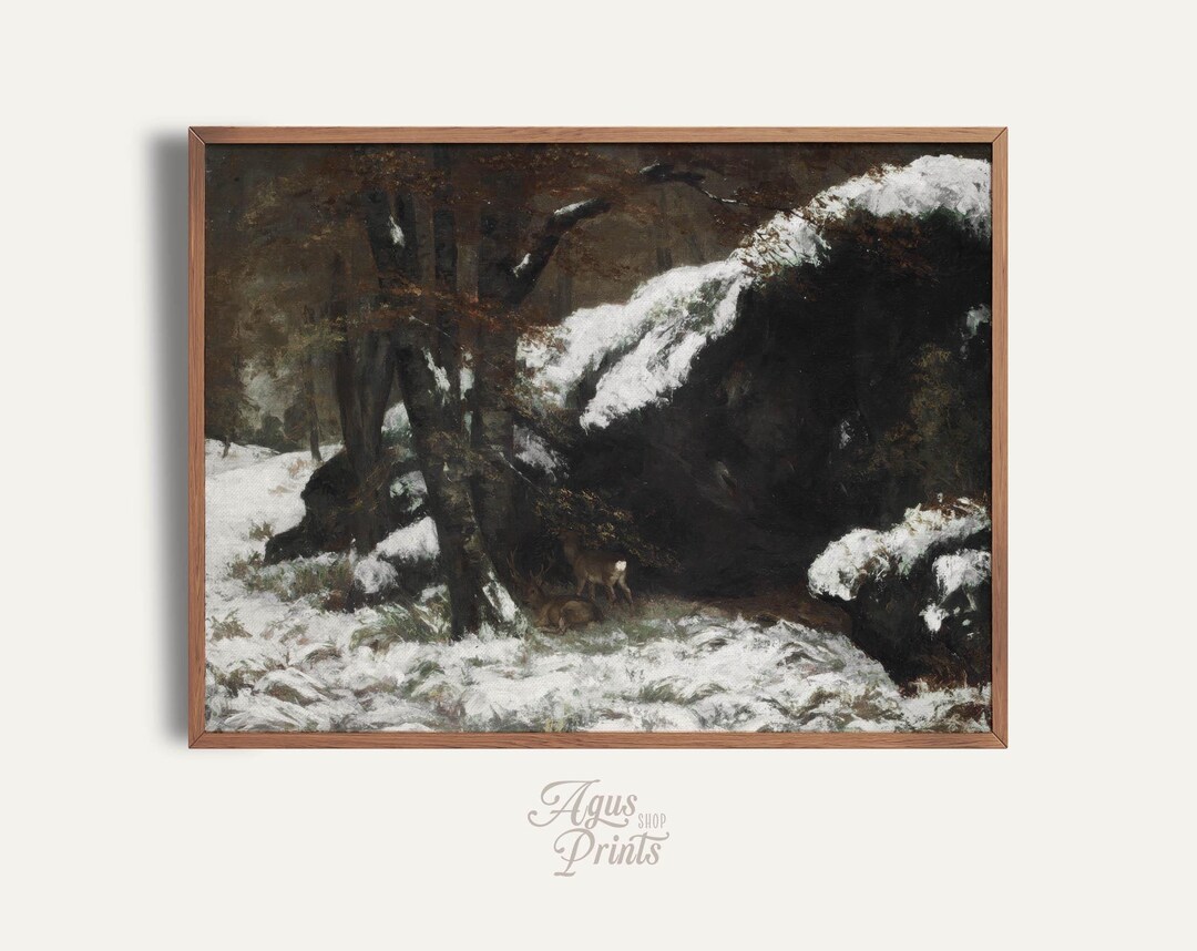 Vintage Winter Landscape Print, Deer Wall Art Painting, Snowy Landscape ...