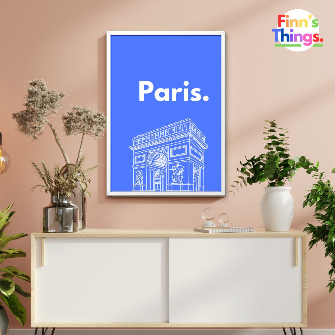 Printable Funky Paris Wall Art With Arc De Triomphe, Bright Blue Preppy ...