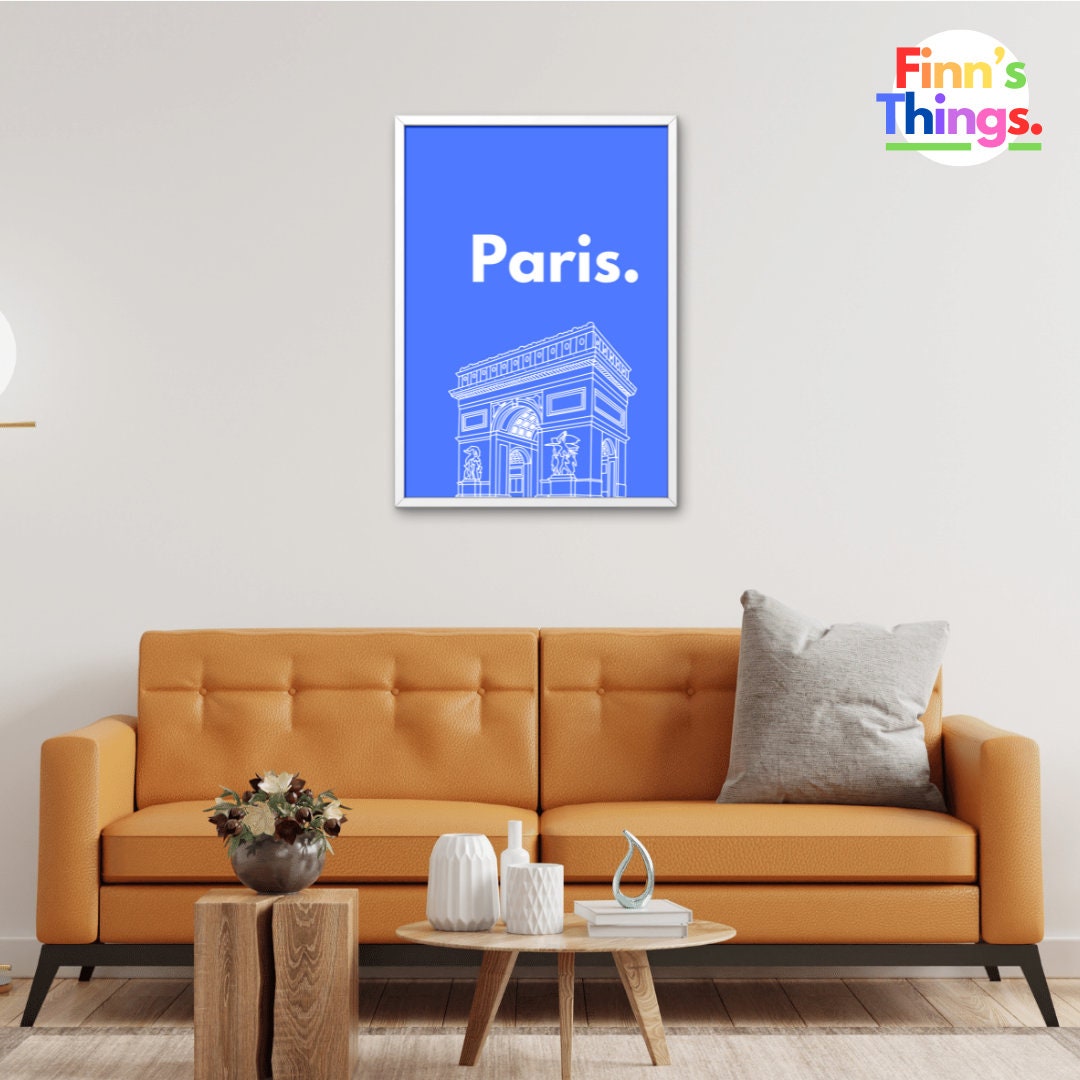 Printable Funky Paris Wall Art With Arc De Triomphe, Bright Blue Preppy ...