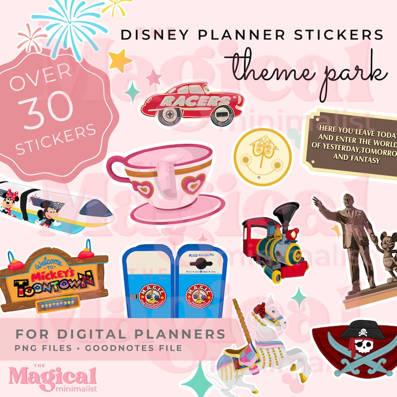 Theme Park Digital Stickers: Vacation Planner Clipart (PNG, Goodnotes ...