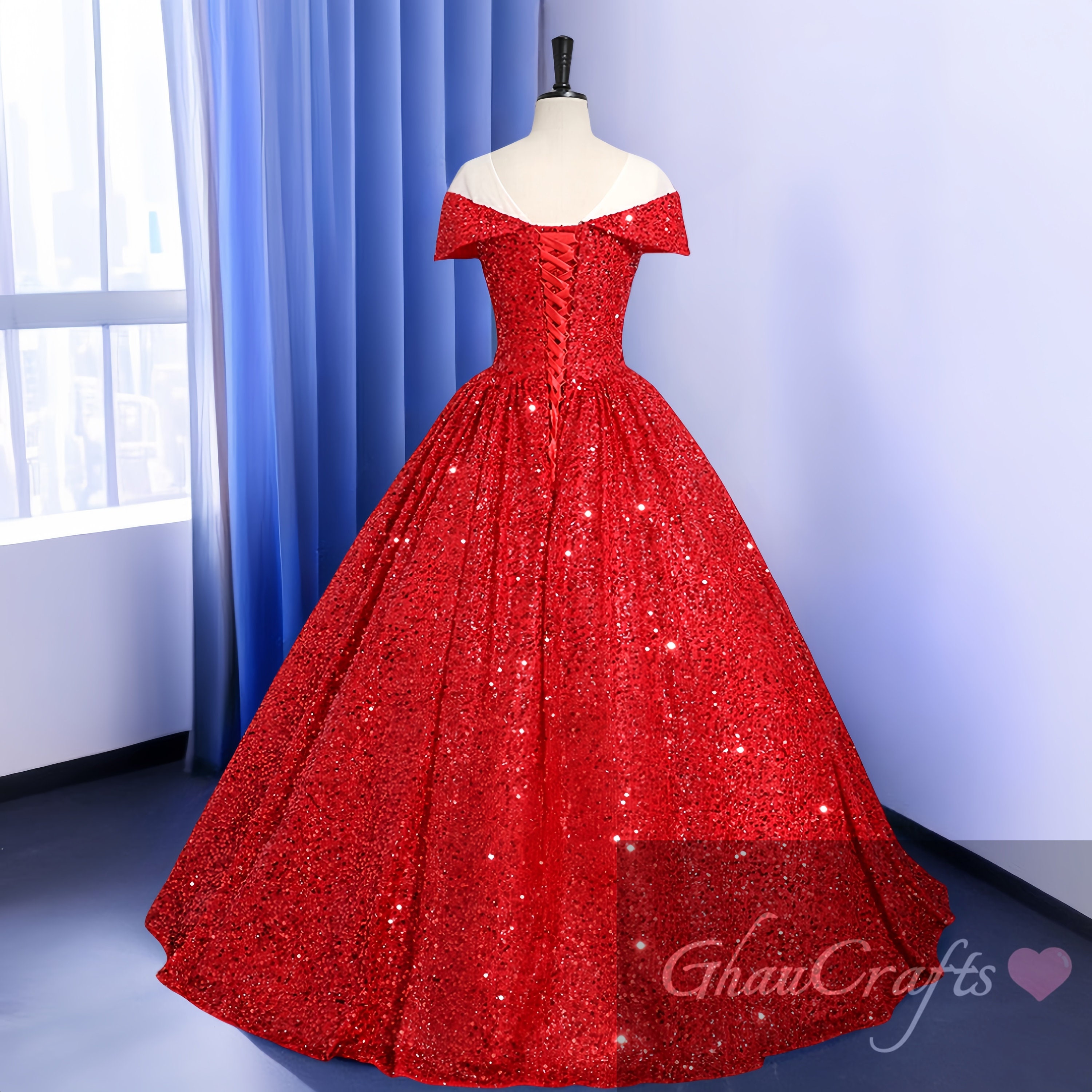 Red Sequin Dress, Ball Gown, Evening Gown, Quinceanera Dress, Lace-up ...