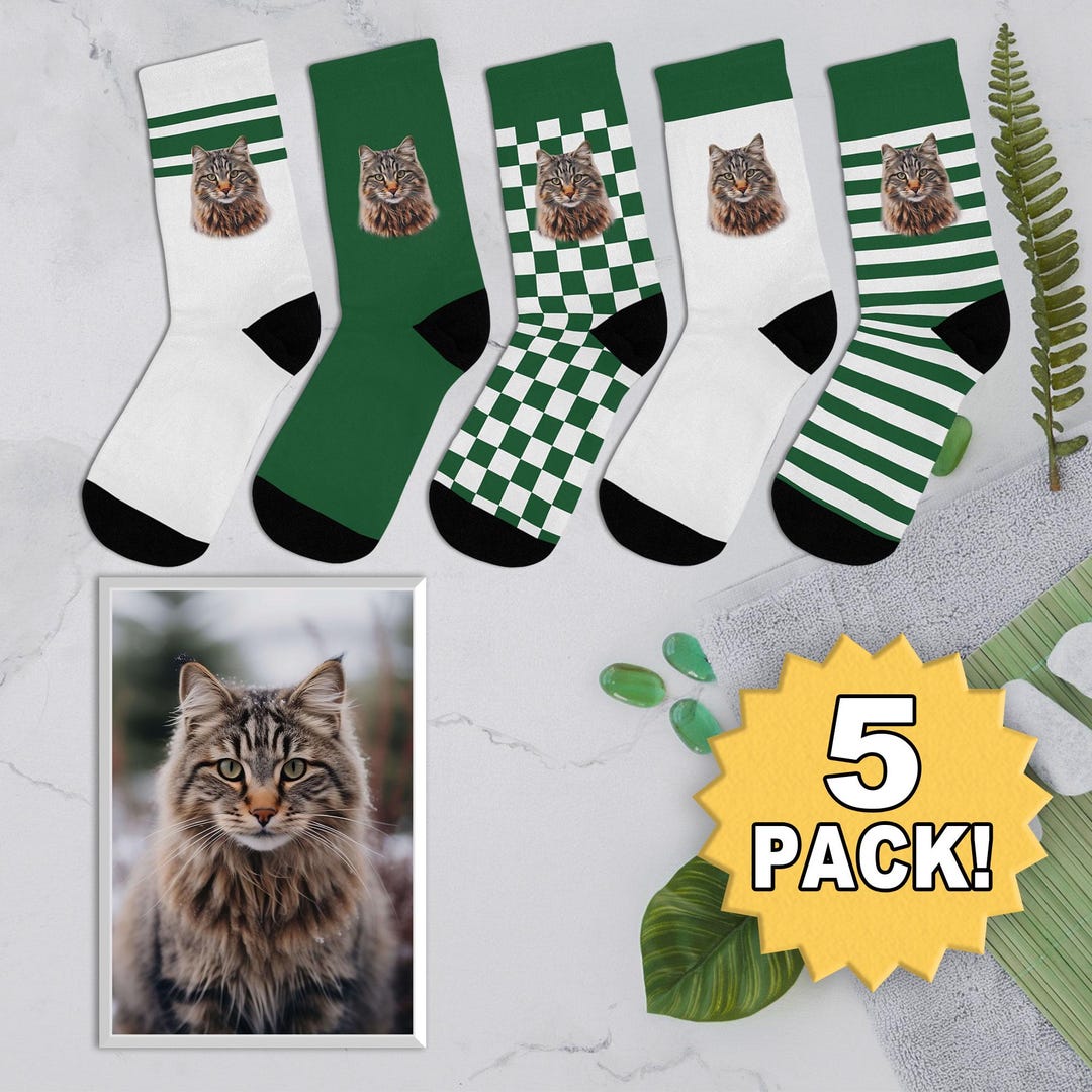 Custom Cat Socks, 5 Pack, Personalized Cat Portrait Socks, Custom Photo ...