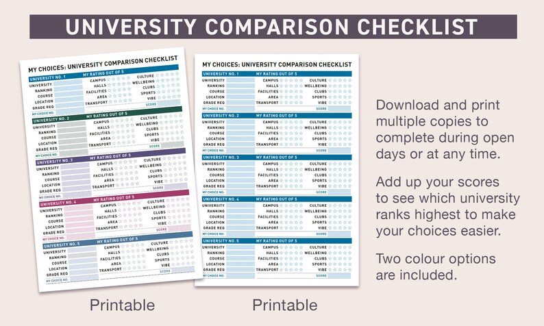 University Comparison Checklist - Digital and Printable - Etsy