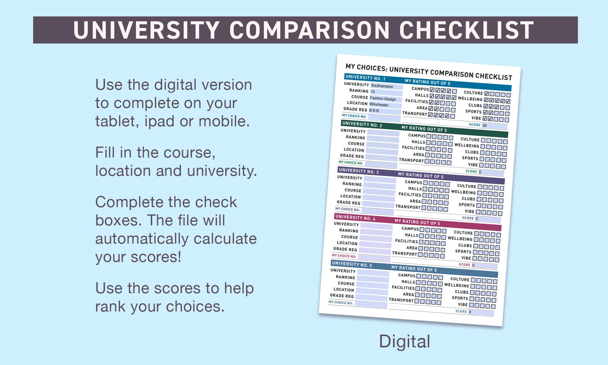 University Comparison Checklist Digital and Printable - Etsy