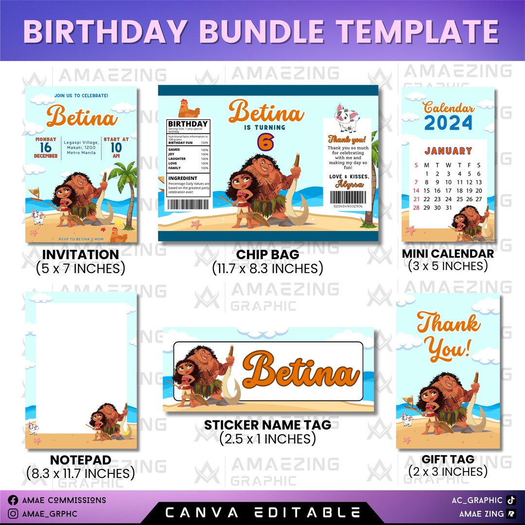 Editable Birthday Bundle: Invitation, Chip Bag, Calendar (canva ...