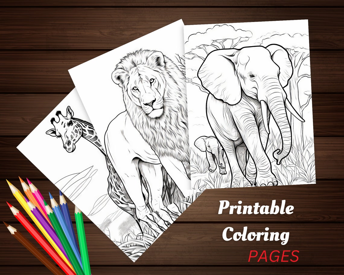 Jungle Animals Coloring Book, Wild Animals Coloring Book, Stress Relief ...